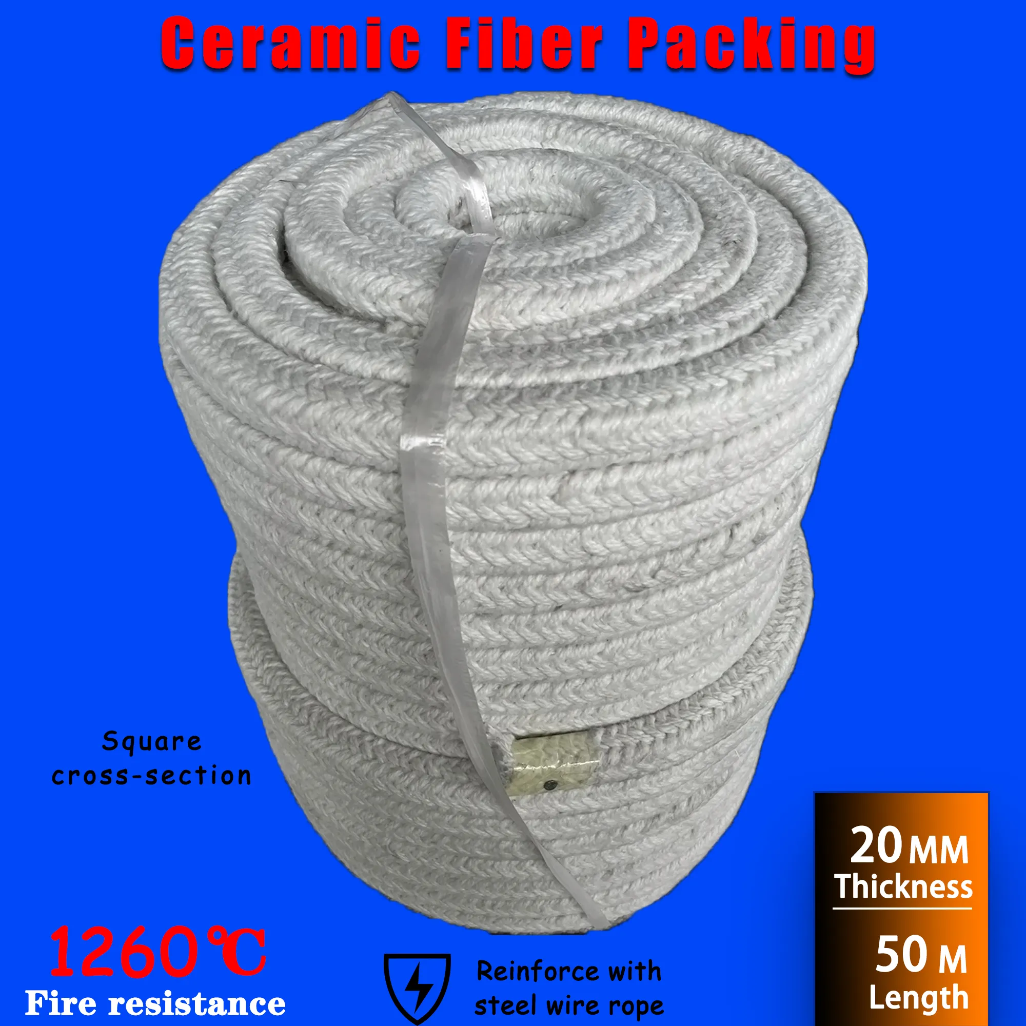 20mm Thick 50m Long Ceramic Fiber Rope Square Cross-Section Fireproof ...