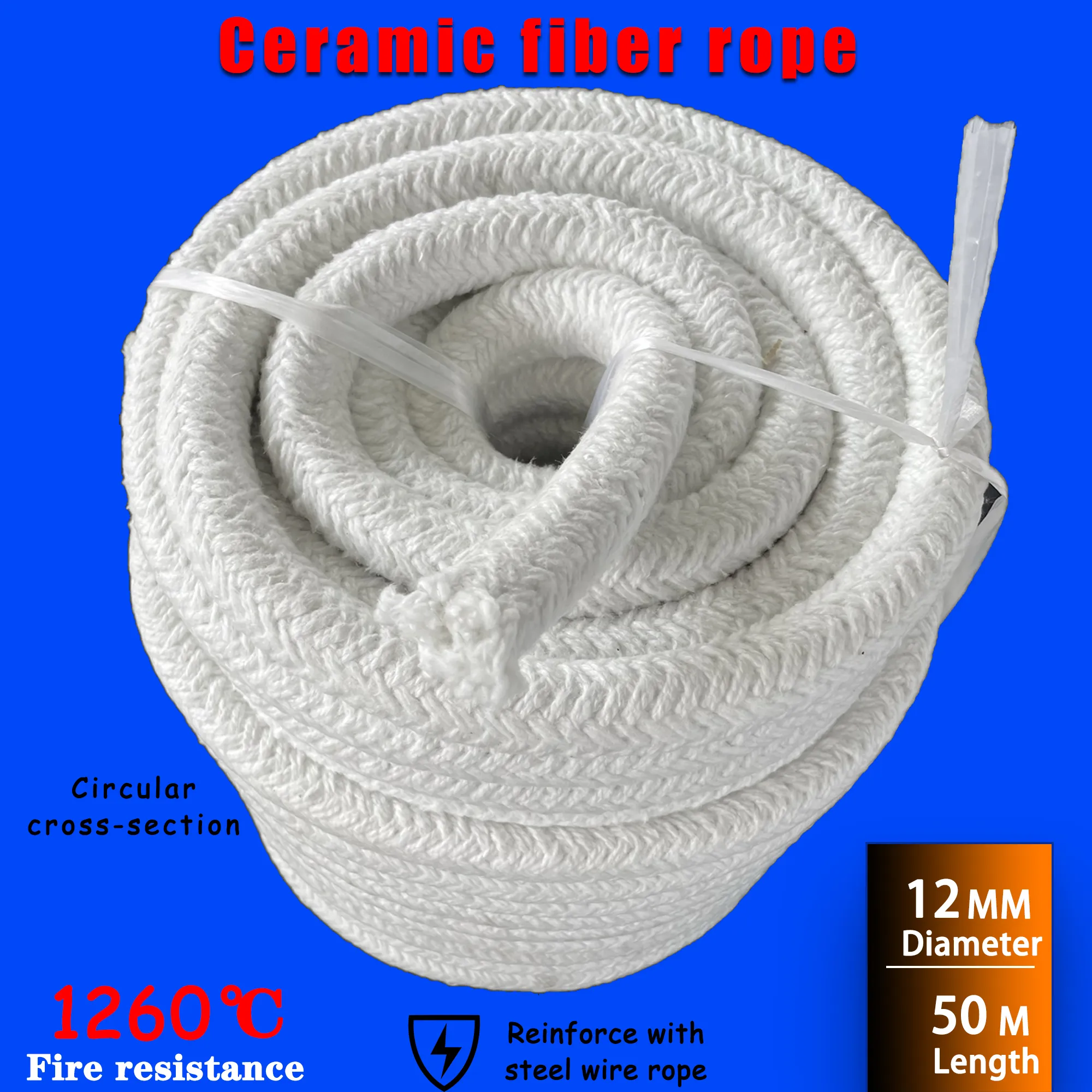 12mm x 50m Ceramic Fiber Rope High-Temperature Resistant Fireproof ...