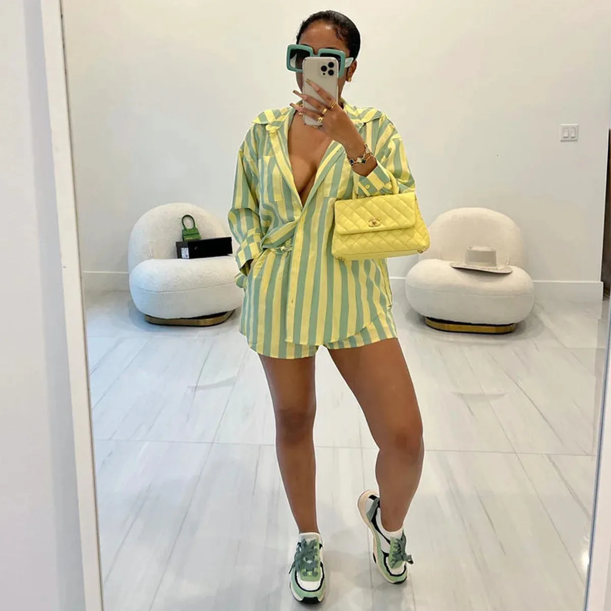 Women's Spring and Summer Casual Shorts Set: Striped Long Sleeve Loose ...