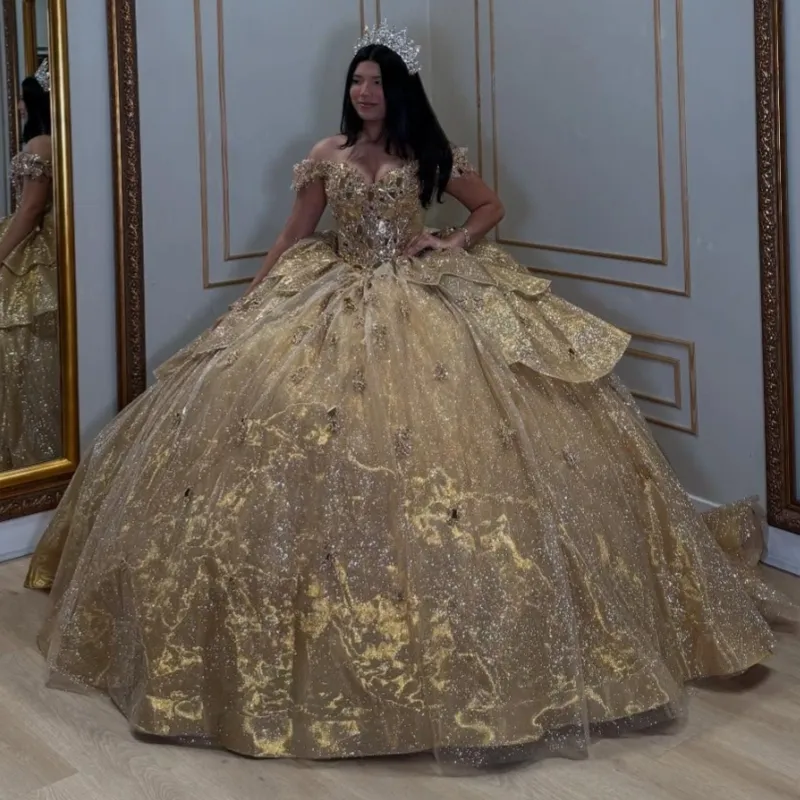 Shiny Gold Off Shoulder Princess Gold Wedding Dress With Beading And ...