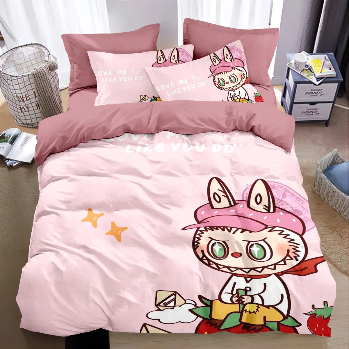Labubu Character-Themed Dorm Room Essentials: Soft Cotton Sheets and ...