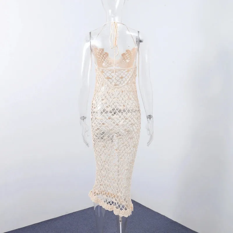 Sexy Crochet Hollow Out Long Dress for Women, Holiday Halter Lace Up ...