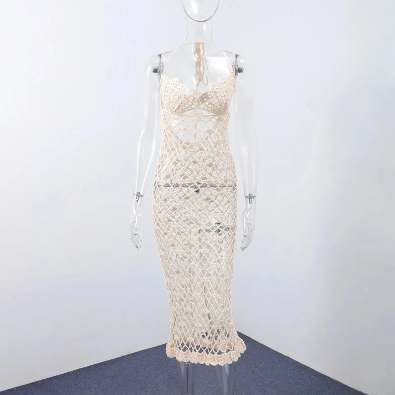 Sexy Crochet Hollow Out Long Dress for Women, Holiday Halter Lace Up ...