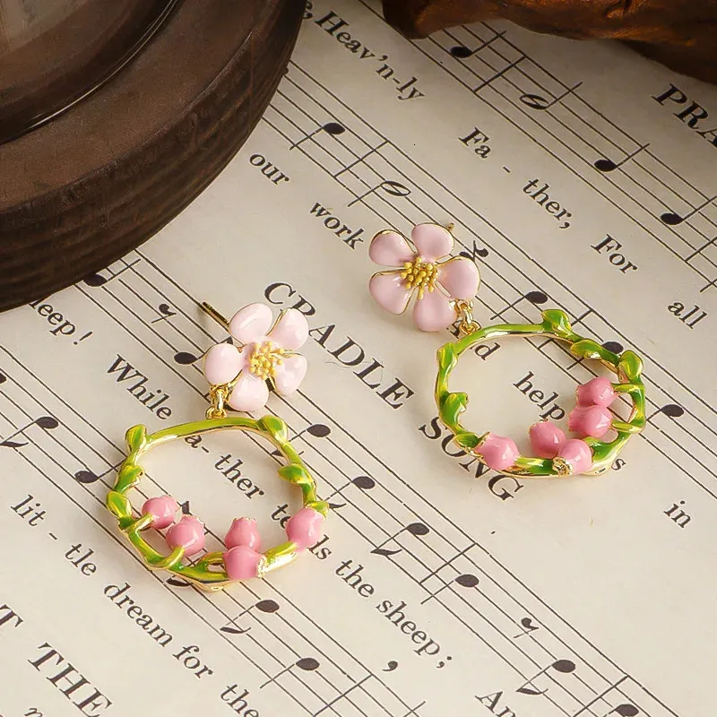 Unique Hand-Painted Enamel Flower Earrings, Exquisite Pink Flower ...