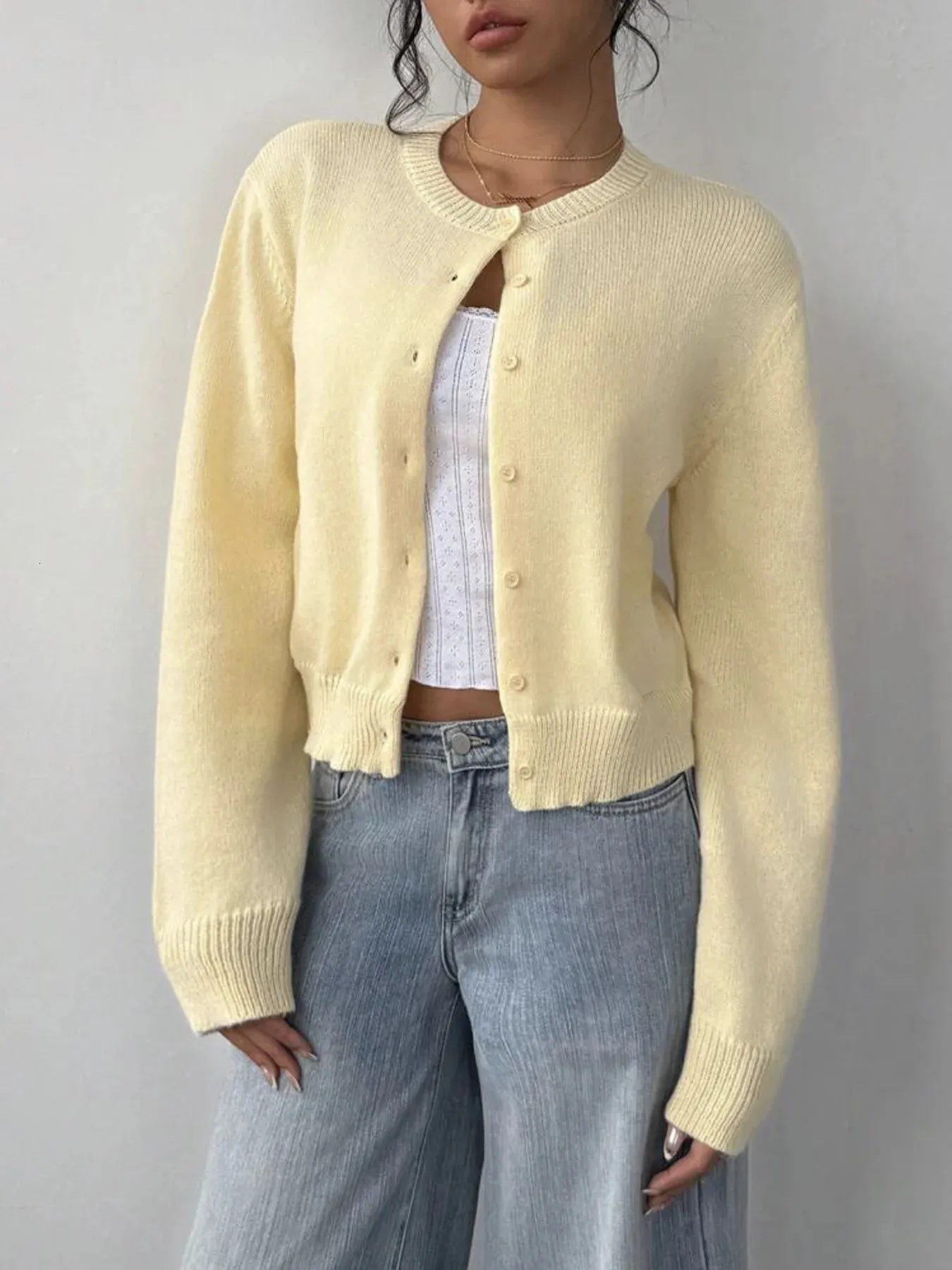 Autumn and Winter Simple Plain Color Long Sleeved Knitted Cardigan ...