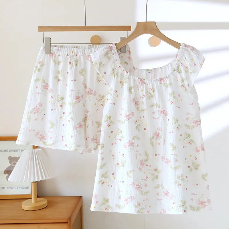 Women's Summer Pajama Set, 100% Cotton Crepe Vest and Shorts, Two Piece ...