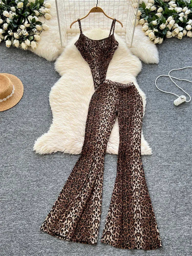 Singreiny Leopard 2-Piece Suit for Women: Sexy Strap Top and Elastic ...