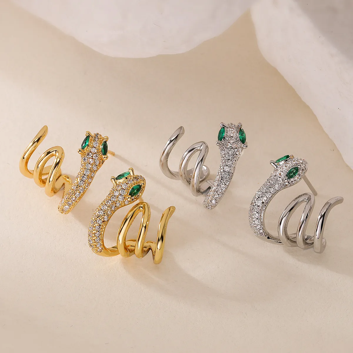 Snake-Shaped Earrings for Women Copper Plated 18K Gold with White ...
