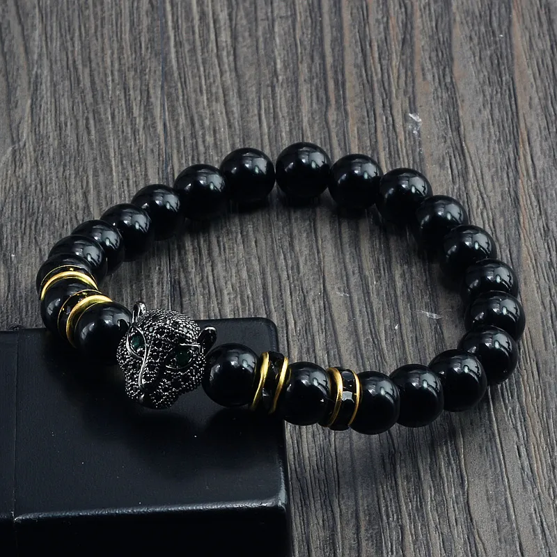 Punk Style Bracelet with Shiny Black Micro Inlaid Bright Leopard Head ...
