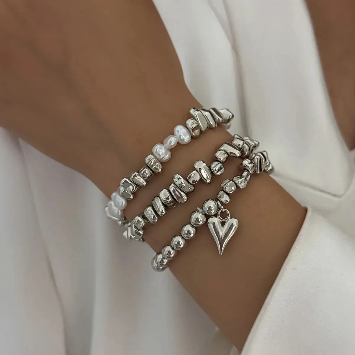 Retro Irregular Pearl Bead Elastic String Bracelet with Multi-Layer Sweet Heart Pendant - Girls ...