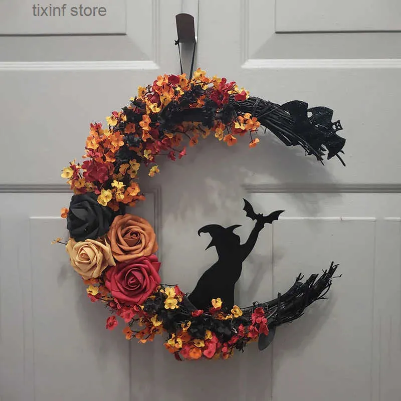 Halloween Gothic Wreath Decor Artificial Moon Cat Garland Handmade Moon ...