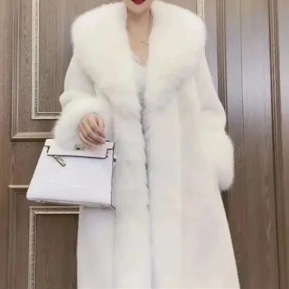 Elegant Faux Fur Long Fur Coat Women With Turn Down Collar And Splice ...