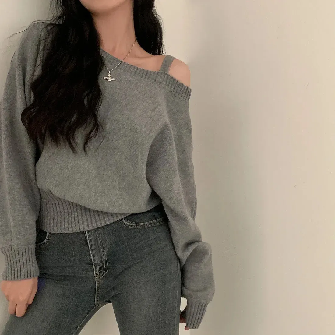 Korean Chic Off-The-Shoulder Knitted Top with Batwing Sleeves ...