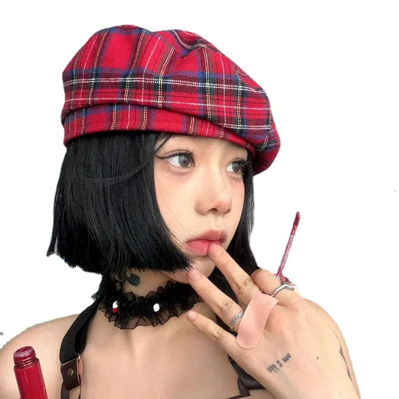 Red Plaid Beret For Women Men British Girl Sweet Cool Bonnet Korean ...