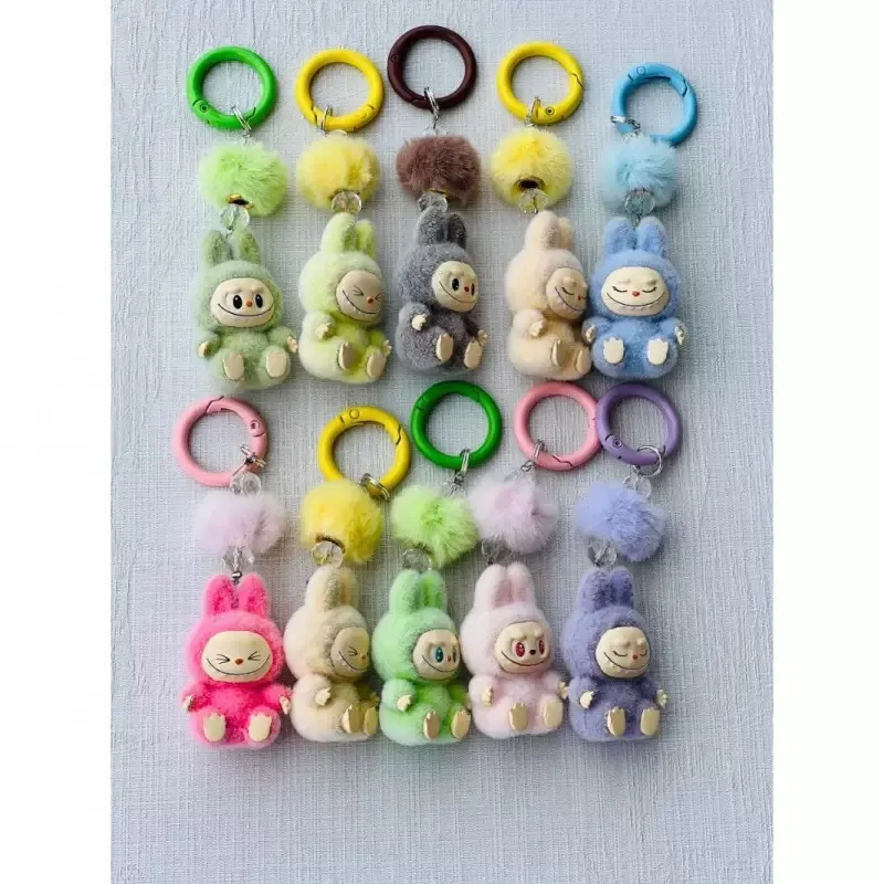 Labubu Mini Flocking Labubu Kaii Particle Keychain Bag Phone Charm ...