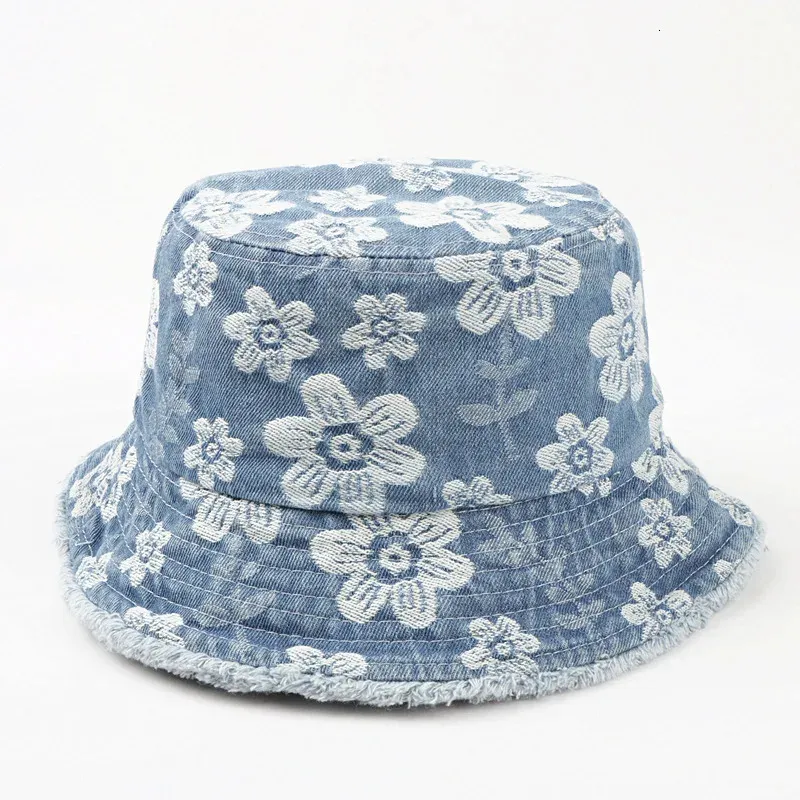 Flower Embroidered Denim Bucket Hat, Korean Style, Washed Distressed ...
