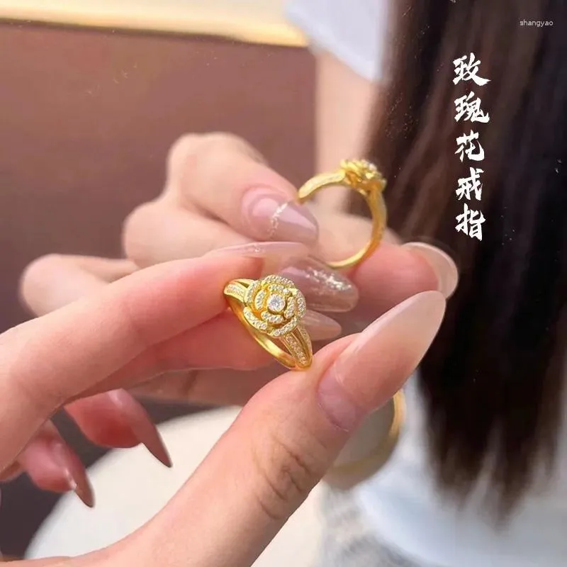 Cluster Rings 9999 24K Real Gold Full Diamond Rose Ring Ancient Method ...