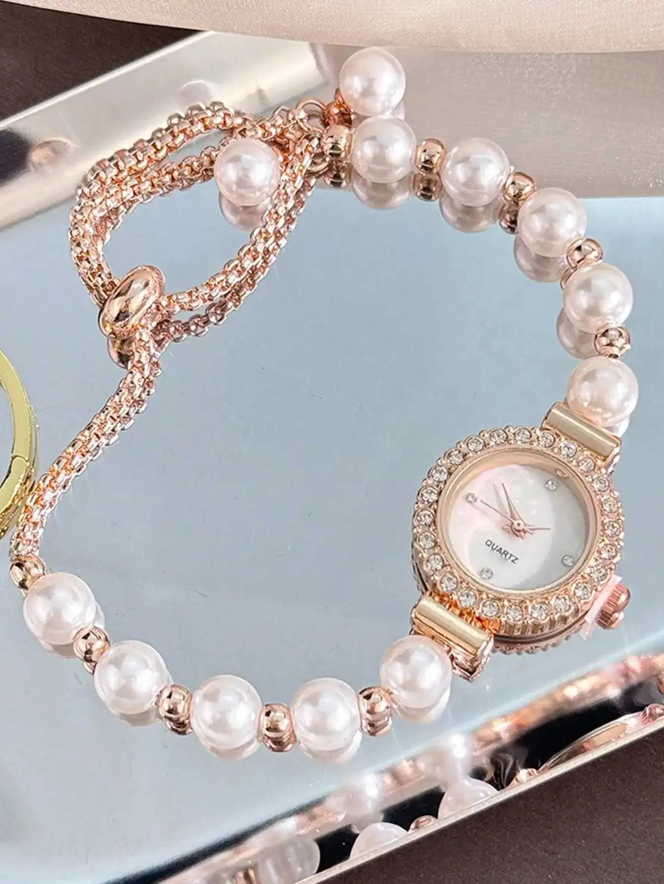 Ladies' White Beaded Bracelet Watch with Diamond Inlaid Case, Simple ...