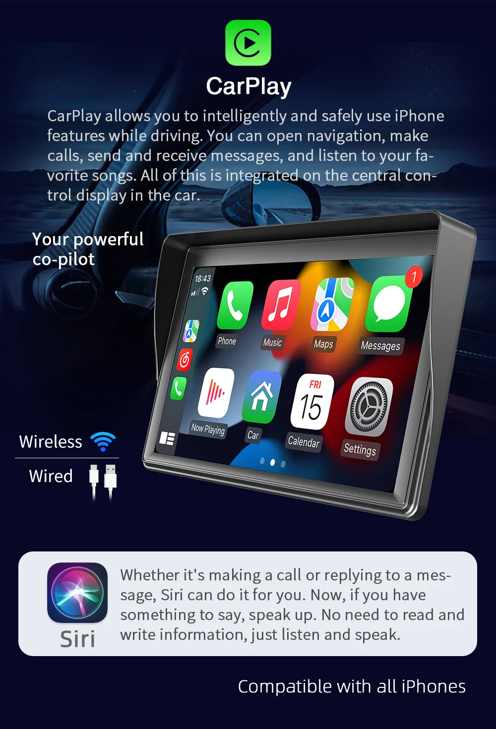 Kowankit 7-Inch Wireless Carplay Android Auto Touch Screen Car Monitor ...