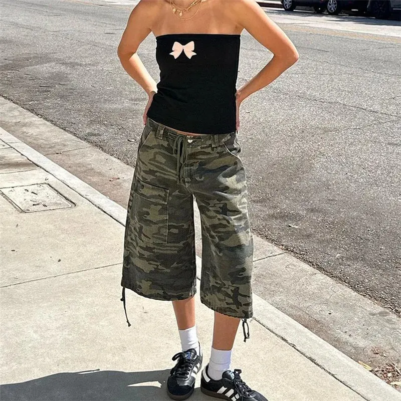 Women's Retro Cargo Denim Shorts Vintage Camouflage Print Loose ...