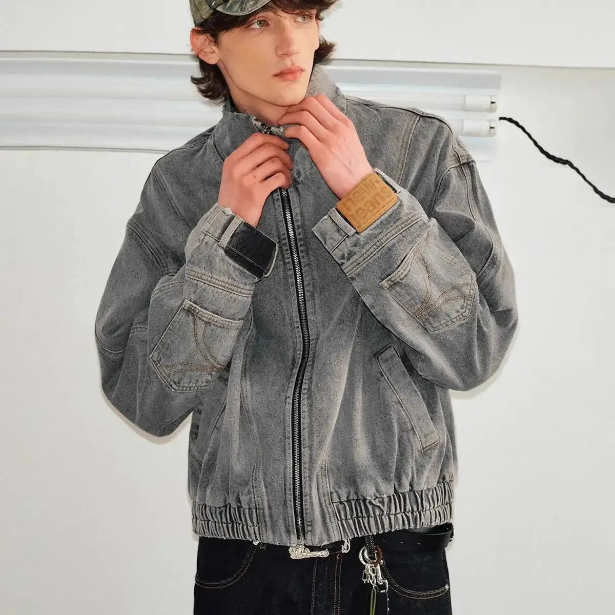 Lightweight Mens Denim Jacket Casual Stand-Up Collar Acetate Non-Woven ...
