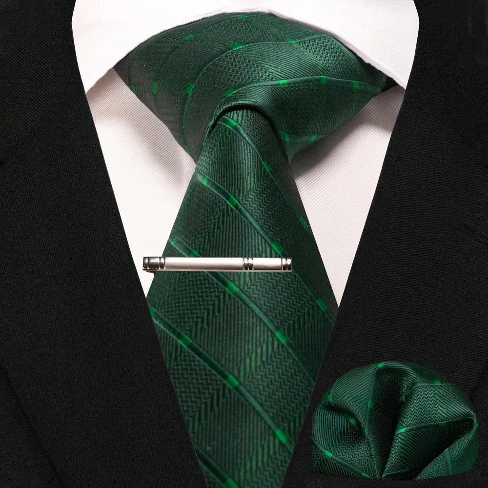 JEMYGINS Black Plaid Men's Silk Tie and Handkerchief Set with Brass Tie ...