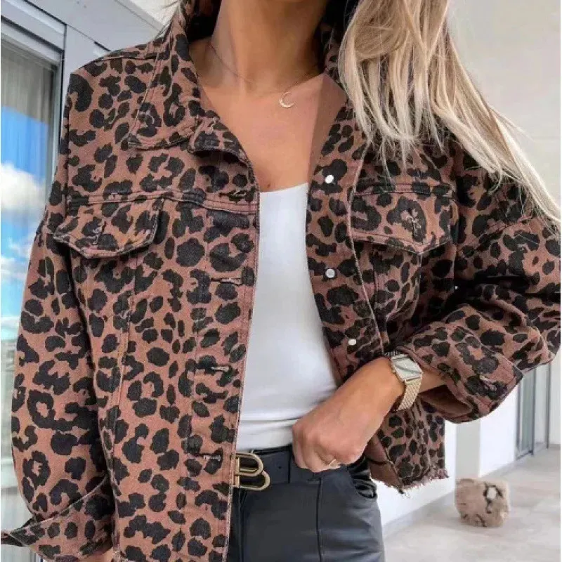 Washed Vintage Leopard Print Distressed Denim Jacket Womens CrossBorder ...