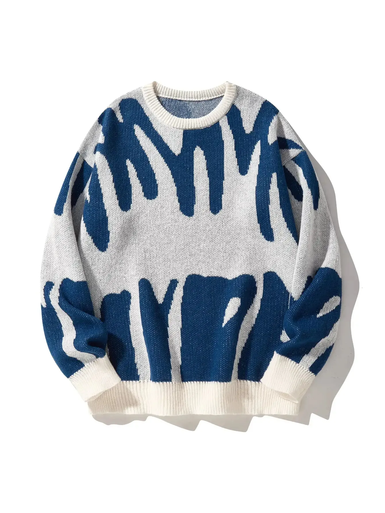 Autumn Winter Irregular Jacquard Pattern Pullover Sweater, Casual Round ...