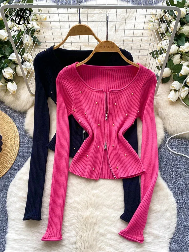 Singreiny Autumn Slim Fit Pullover Sweater with Beadings and Zippers ...