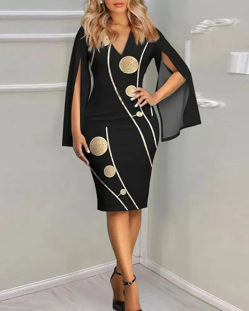 Women's Autumn Vintage Split Fork Long Sleeve Slim Work Dress Party ...