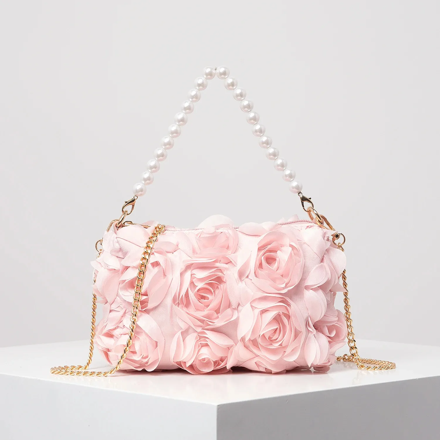 Elegant Rose Flower Dinner Bag Faux Pearl Handbag Metal Chain Crossbody ...