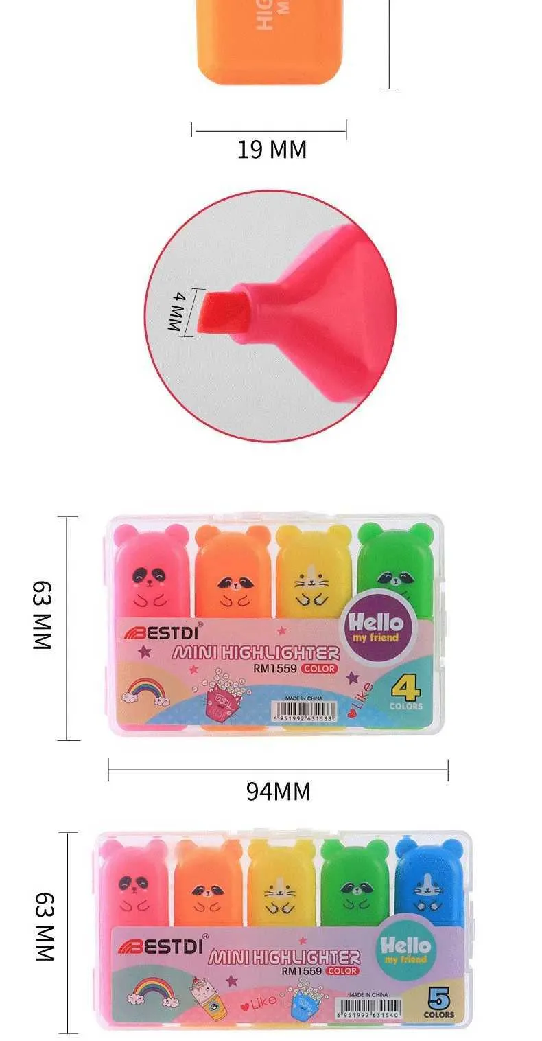 Kawaii Highlighters Fluorescent Pens Cute Bear Oblique Tip For Meetings ...