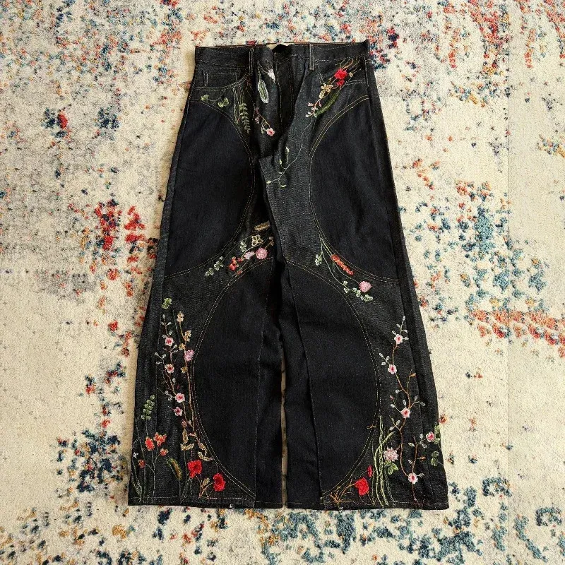Y2K Floral Baggy Denim Pants Patchwork Blossom Embroidery Streamlined ...