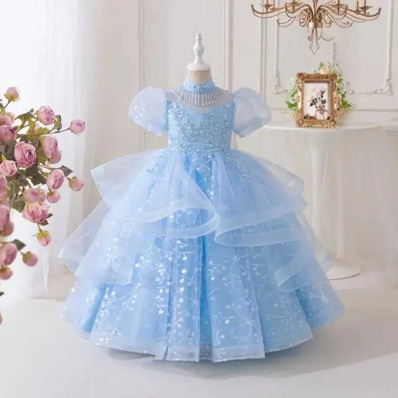 Girls' Summer Princess Dress: Semi-High Neck, Embroidered Sequins ...