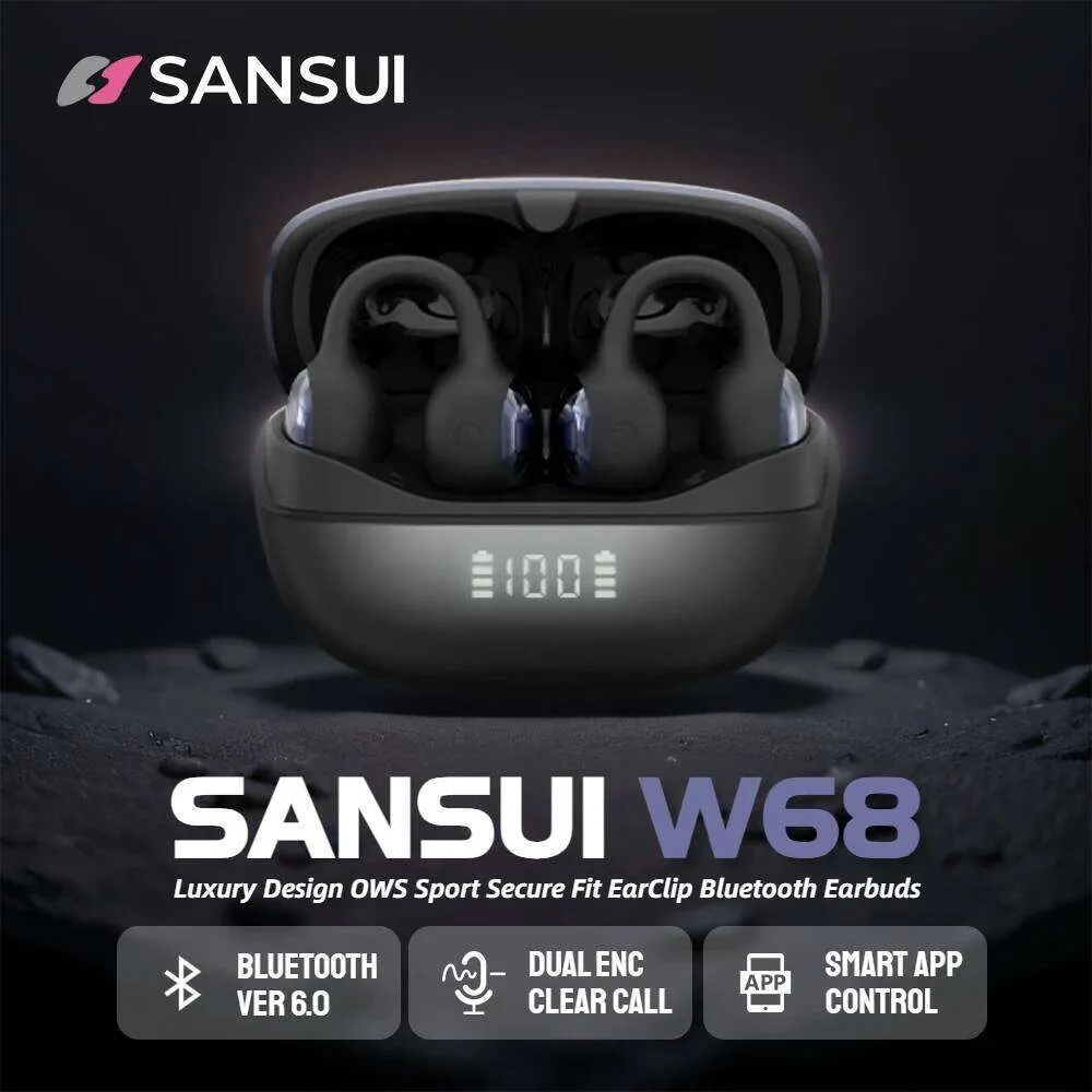 Sansui W68 Bluetooth 6.0 Clip Headphones, Hifi Stereo Clips On Ear Buds ...