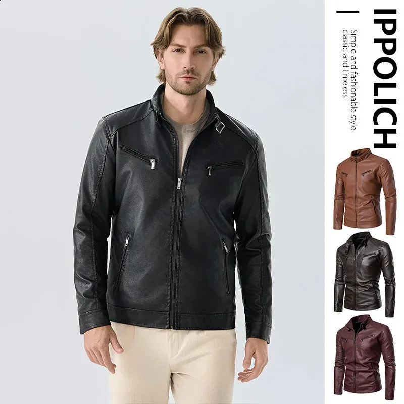 Spring Men's Pu Leather Jacket Fashion Stand Collar Slim Fit Casual ...