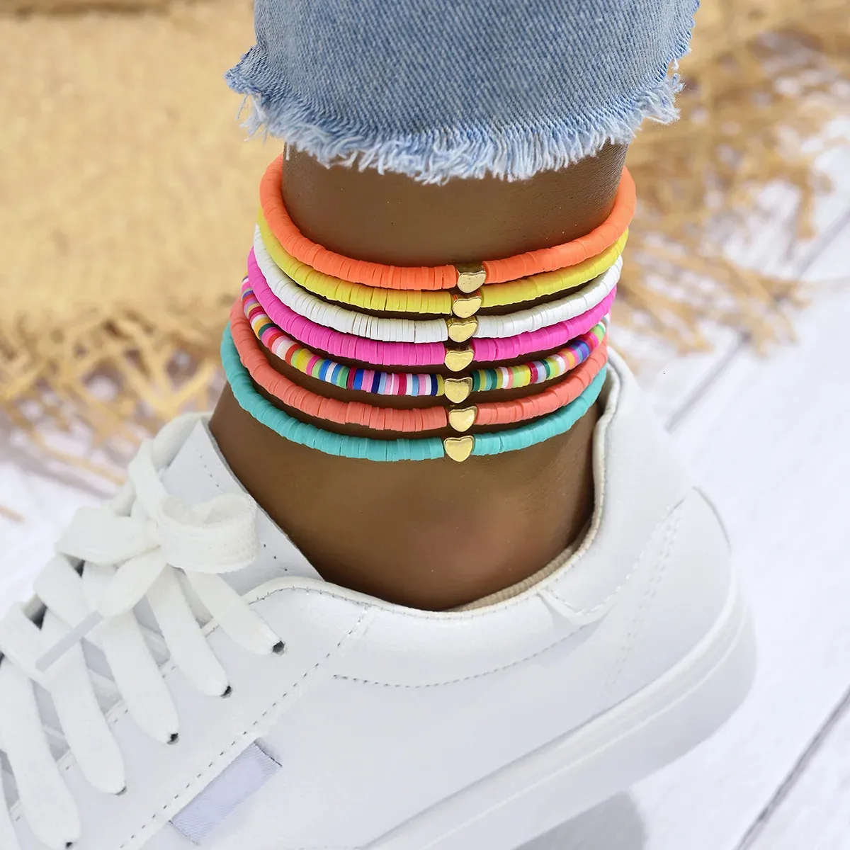Colorful Stackable Anklet Set For Women Heart Charm Soft Clay Pottery ...