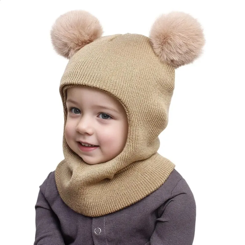 Cute Balaclava Hat for Children, Double Pompom Ball, Onepiece Hat Scarf ...