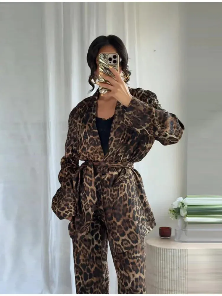 Women's Leopard Print Pant Sets Fashion Lapel Belted Blazer Wide Leg ...
