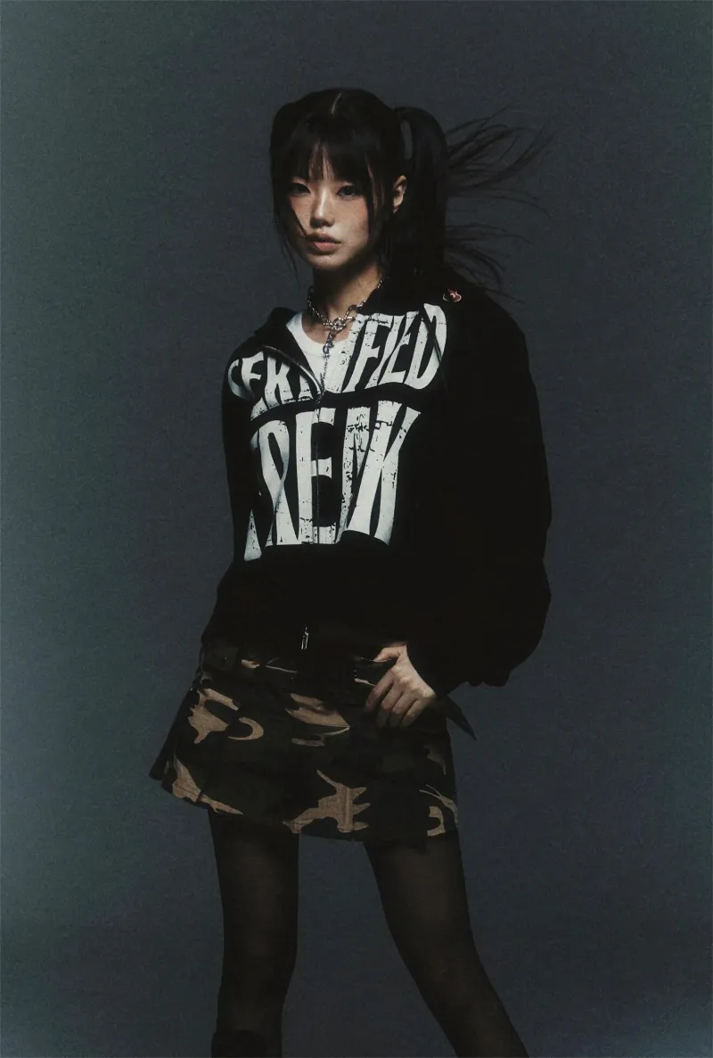 Fashion Vintage Slogan Retro Zipper Hoodie Cotton High-Street Short ...