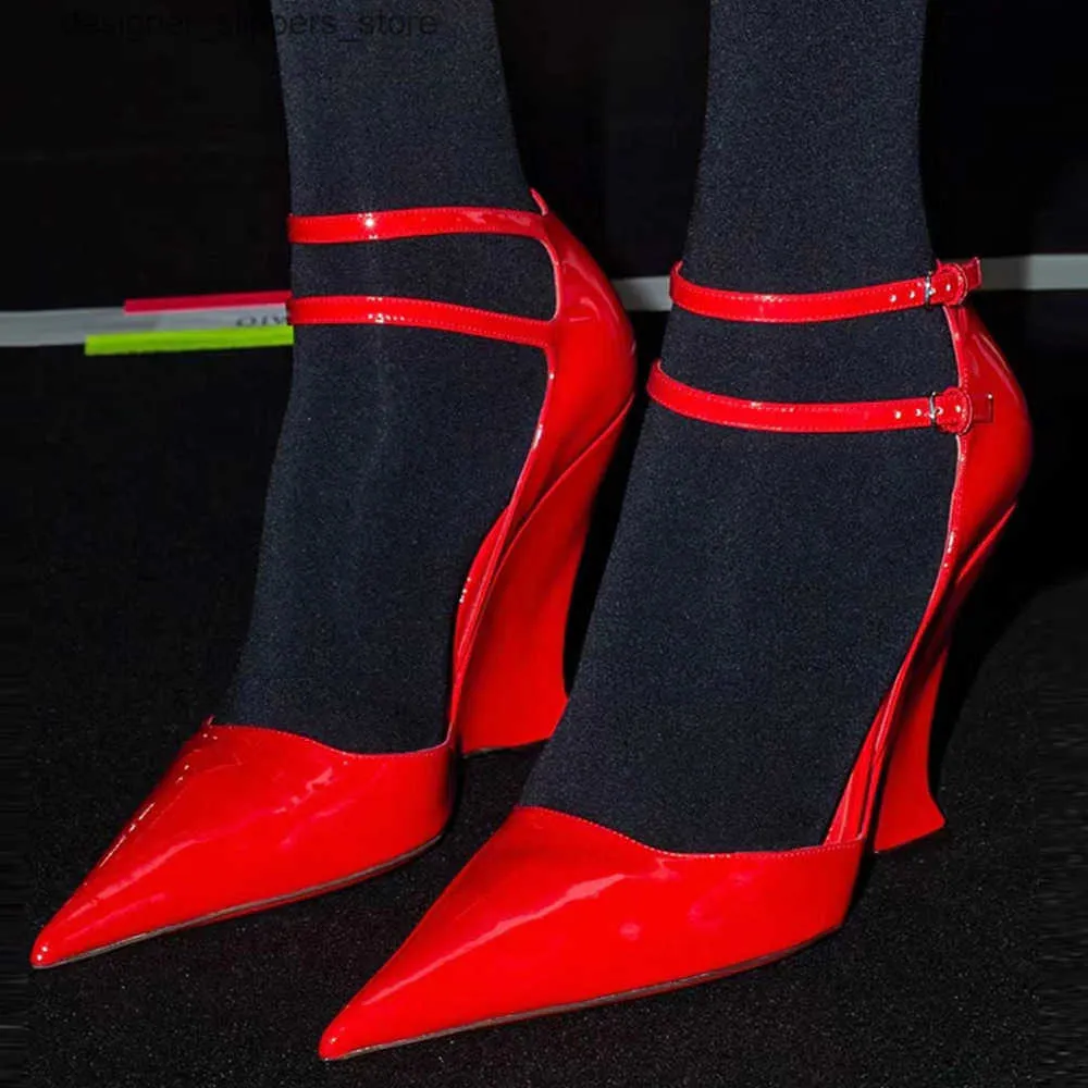 Bulk Woman Pump Wedge Heel 4.1 Patent Leather Pointed Toe Ankle Strap ...