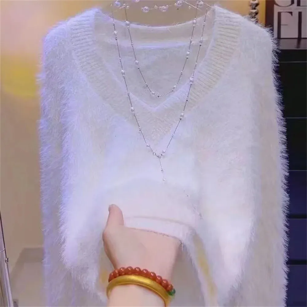 Women's Mink Cashmere Sweater, Autumn Winter Elegant Casual Long Sleeve Loose Knitted Pullover ...