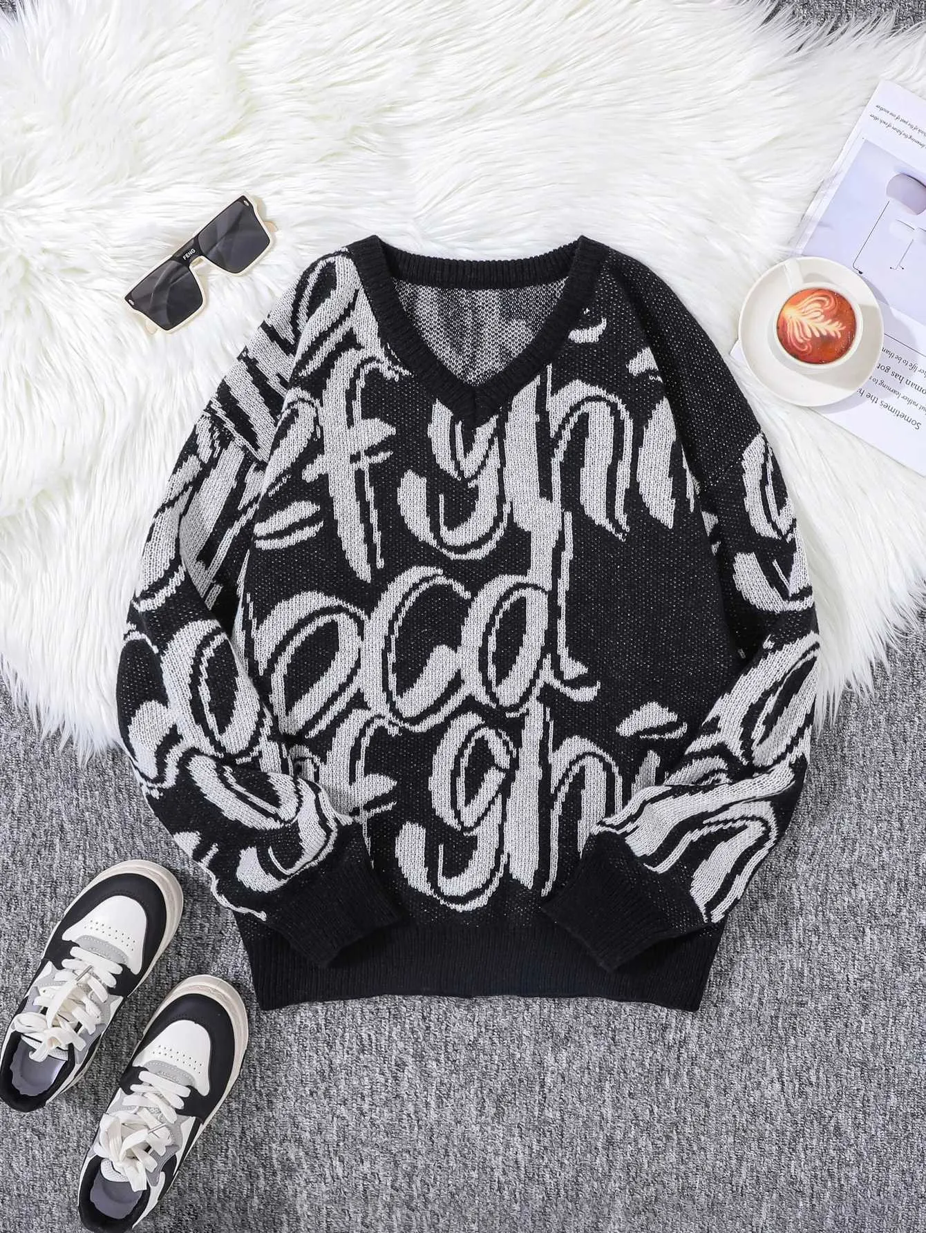 New Men's V-Neck Pullover Sweater with Letter Jacquard Pattern, Casual ...