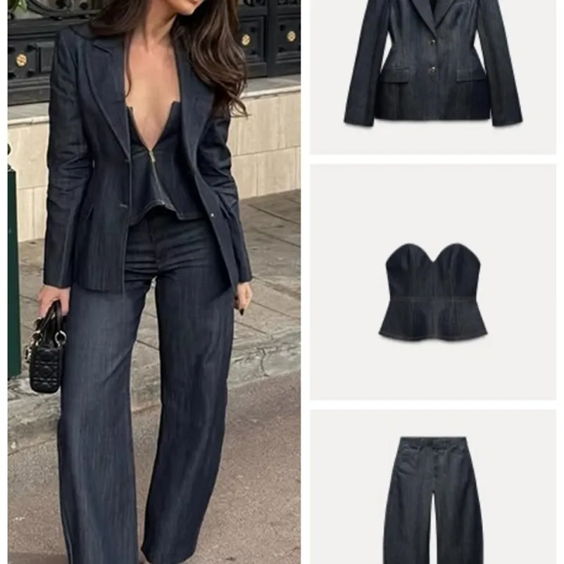 Retro Denim Set With High Waisted Jacket And Pants For Women Classic ...