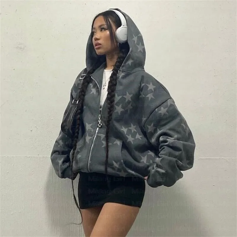 Vintage Fashion Star Graphic Oversized Zip Hoodie Jacket Unisex Long ...