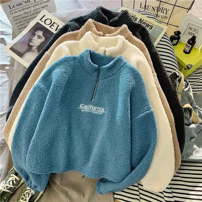 Women's Stand Neck Fleece Cropped Hoodie: Autumn Letter Embroidery ...