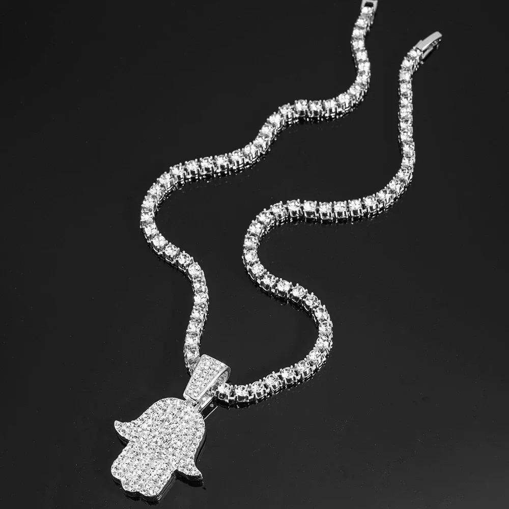 Men's Hip Hop Hamsa Hand Pendant Necklace with 4mm Crystal Tennis Chain ...