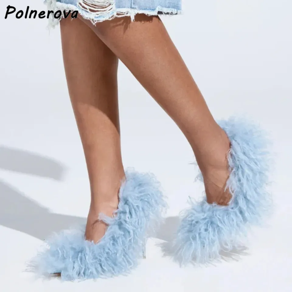 Blue Fur Pointy Toe Pumps: Women's Elegant Stiletto Dress Shoes, Thin ...