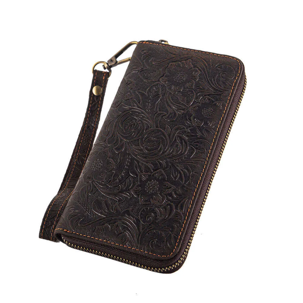 Embossed Tang Grass Flower Crazy Horse Top Layer Cowhide Men's Long ...