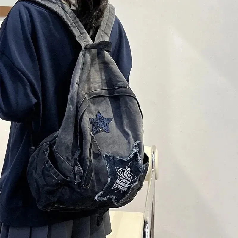 Y2K Korean Casual Denim Backpack Star Pattern Large Capacity Student ...